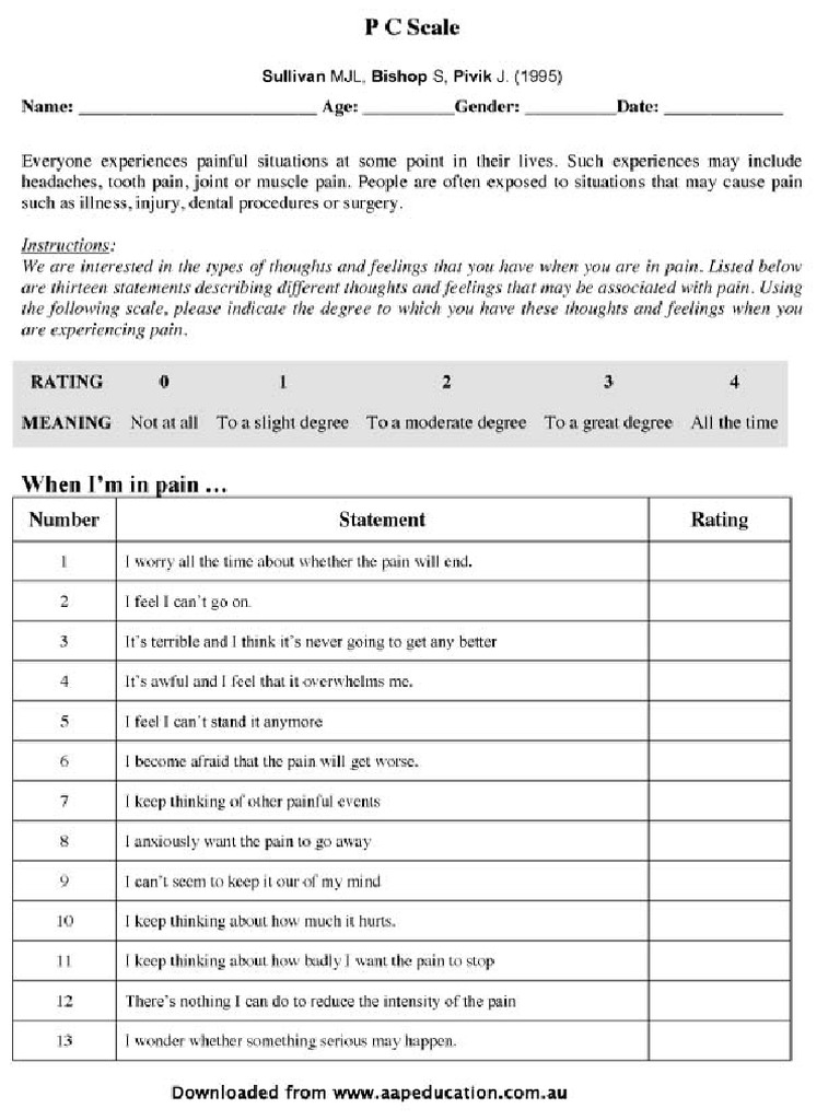 Pain Catastrophizing Scale and Scoring | PDF