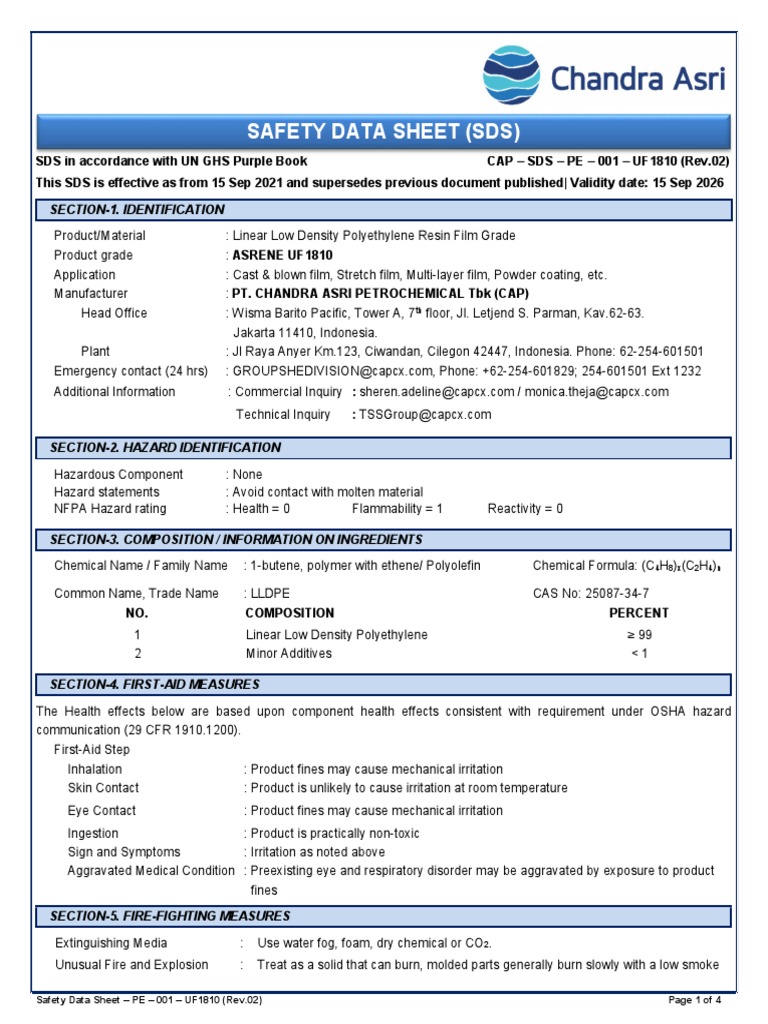SDS-PE-001-UF1810 (Rev.02) | PDF | Dangerous Goods | Combustion