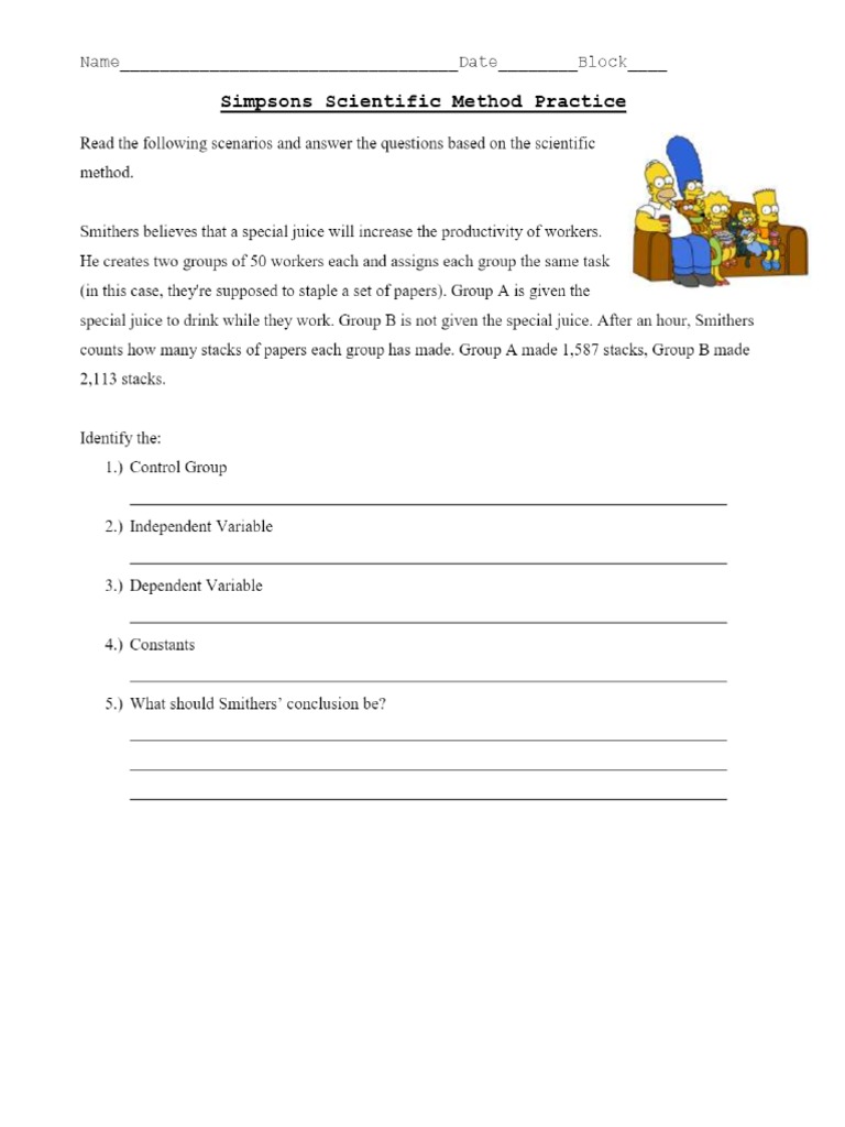 Simpsons Scientific Method Worksheet Exploring The Scientific Method