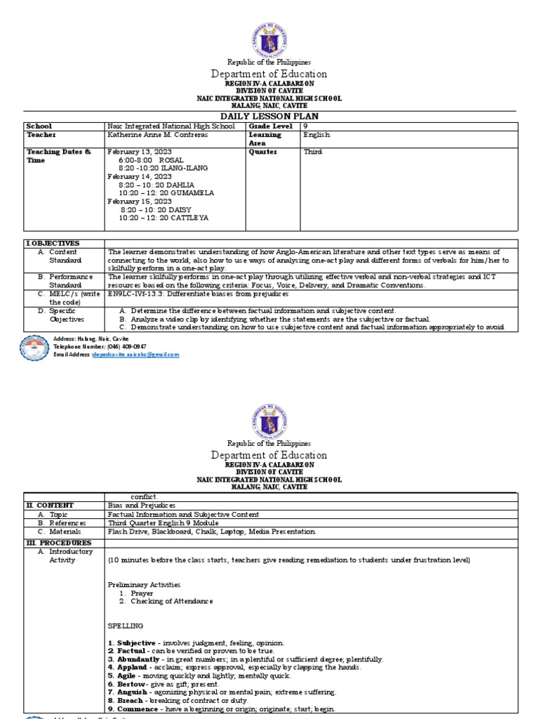 Daily Lesson Plan for Grade 9 English | PDF