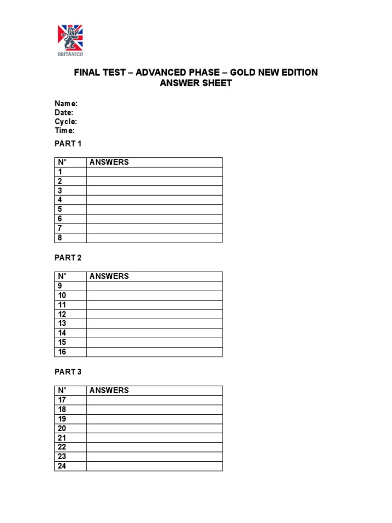 Final Test and Reading Task - Answer Sheet | PDF