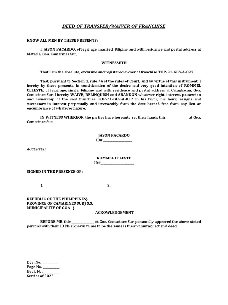 Deed of Transfer (Waiver of Franchise) | PDF