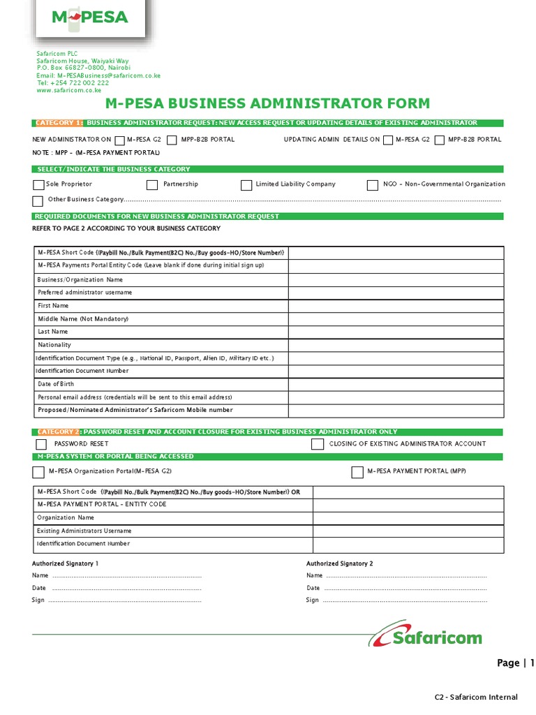 M-PESA Business Admin Form 2023 V2 | PDF | Identity Document | Business