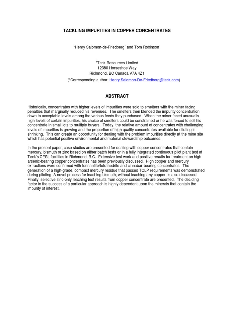 Tackling Impurities in Copper Concentrates | PDF | Mercury (Element) | Zinc