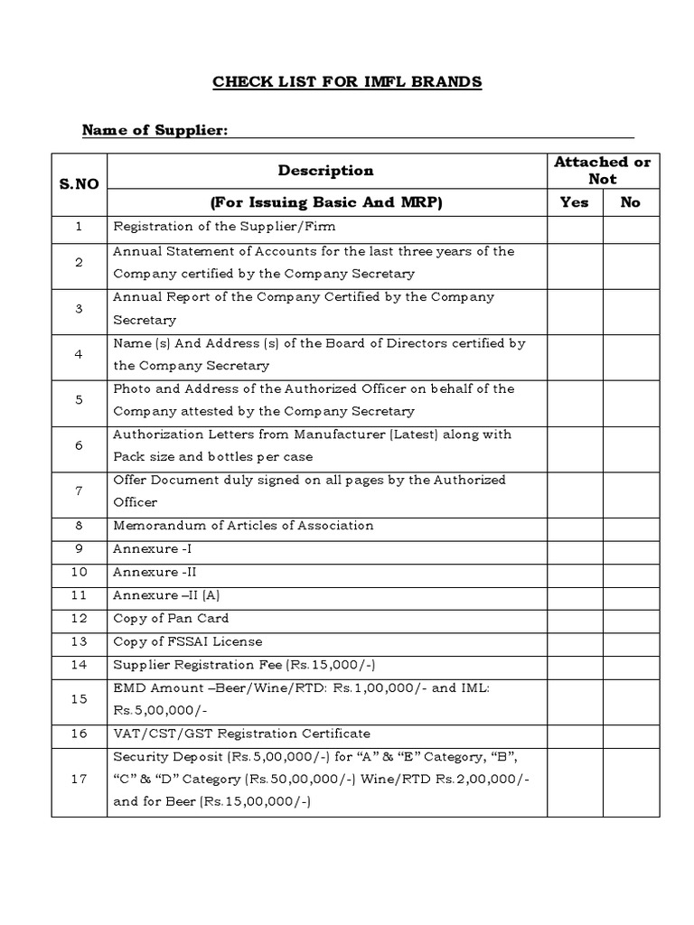 TSBCL Check List For IMFL | PDF