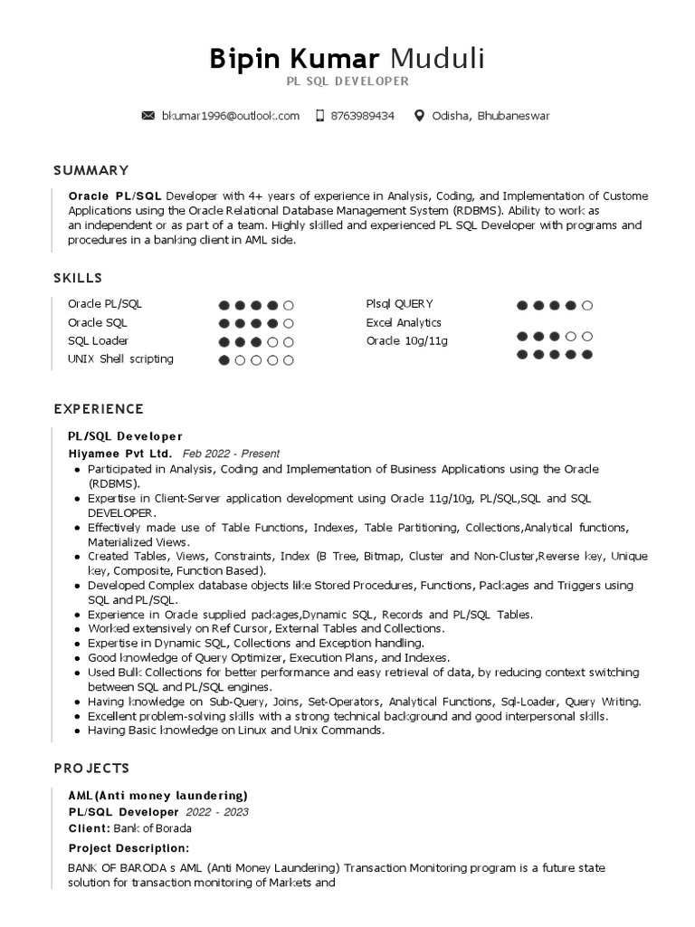Resume Bipin | PDF | Pl/Sql | Sql