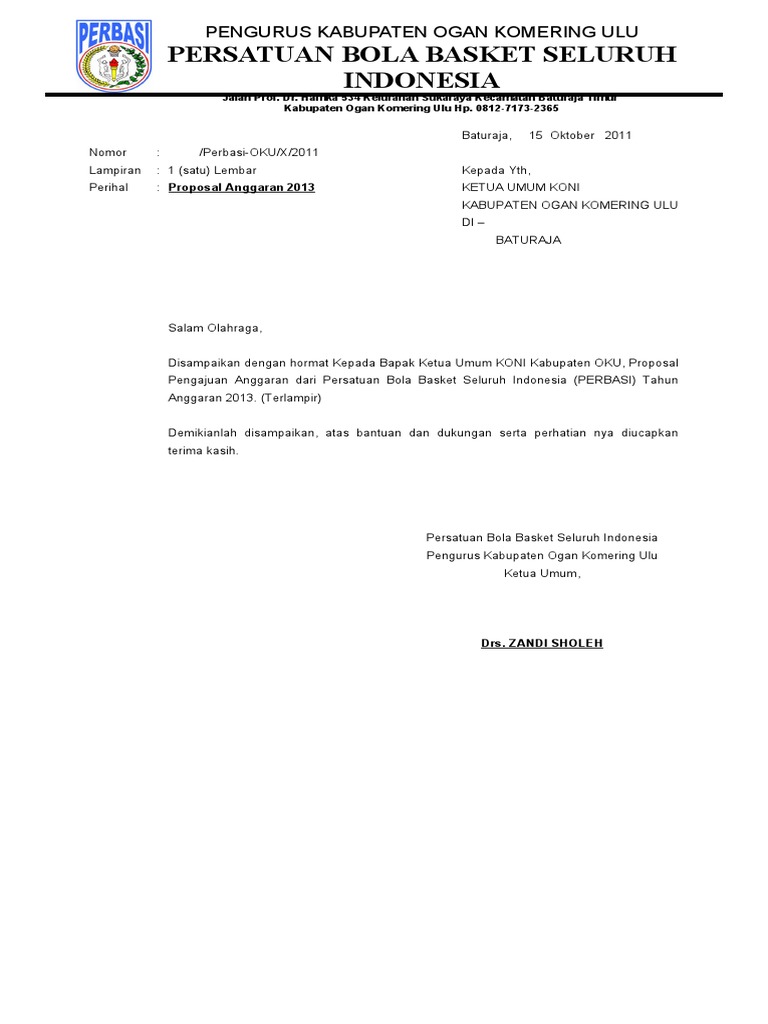 Proposal Anggaran PERBASI OKU 2013 | PDF | Olahraga & Rekreasi