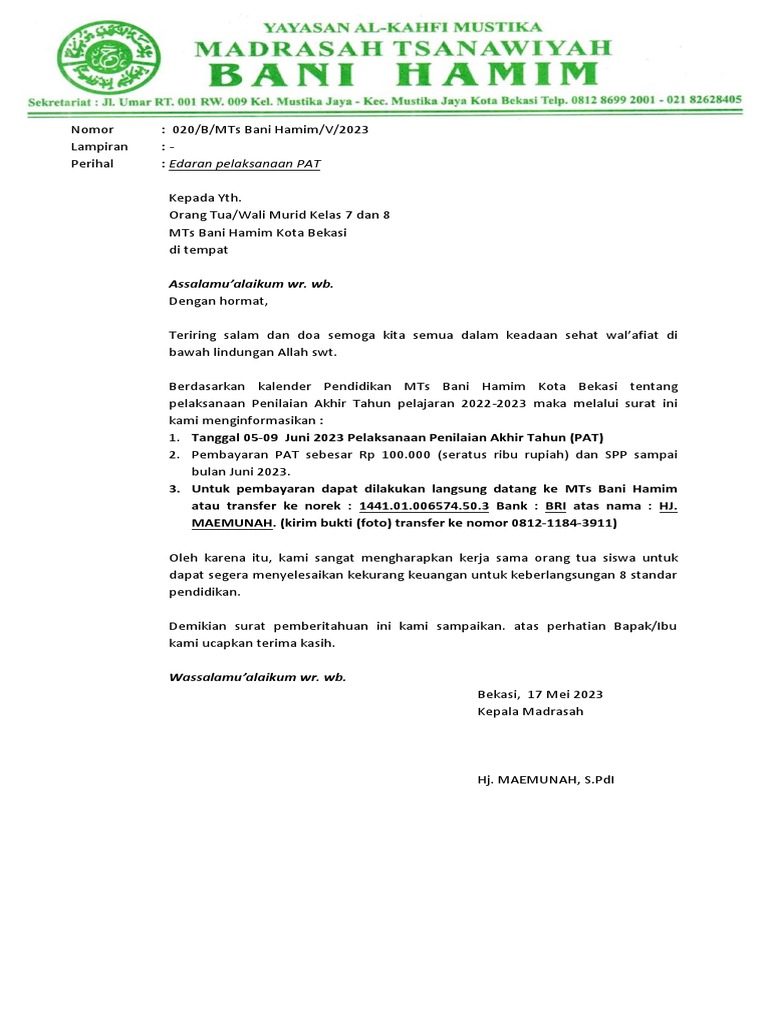 Edaran Pelaksanaan PAT MTs Bani Hamim | PDF