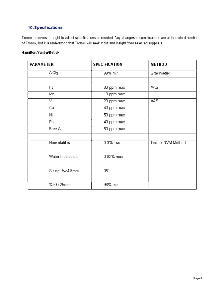 Tronox Specifications Overview | PDF