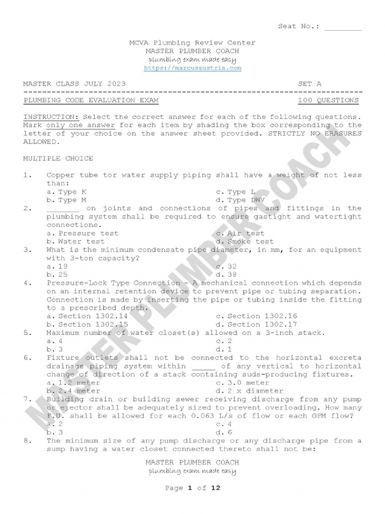 PLUMBING CODE Evaluation Exam Master Class July 2023 | PDF