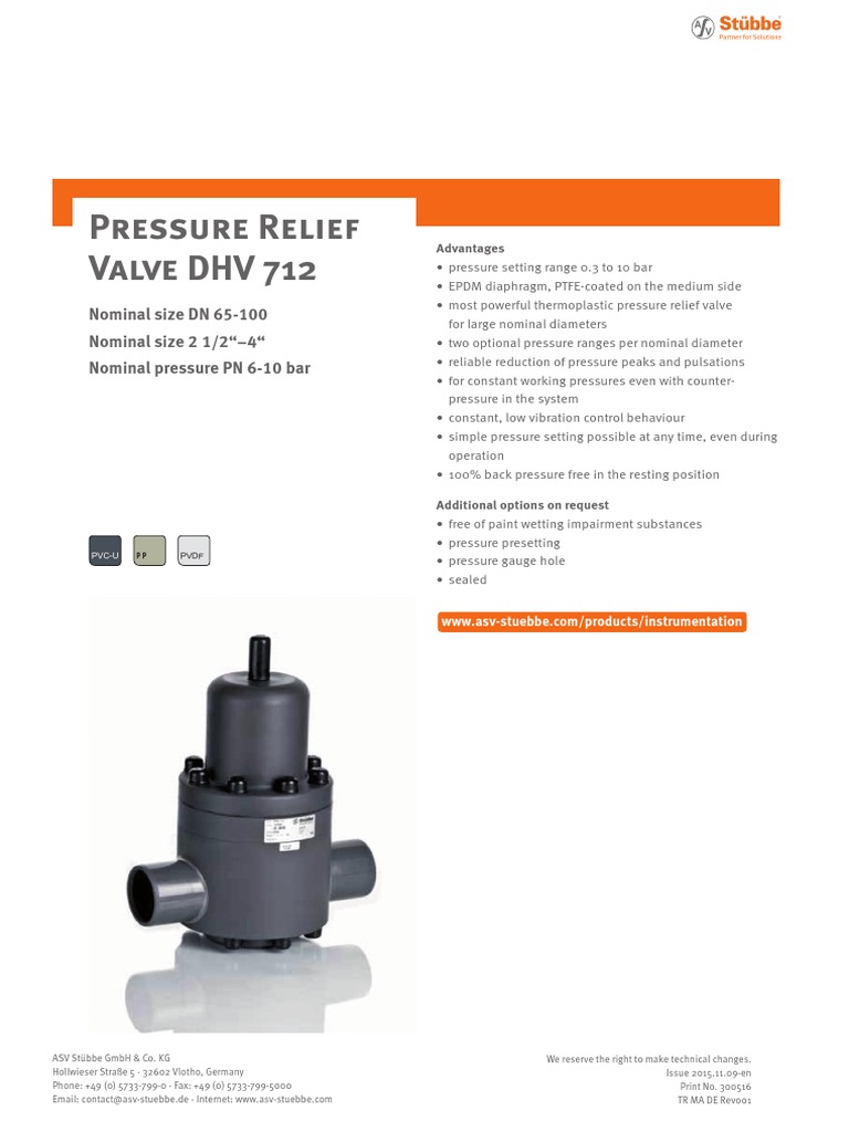 Stubbe DHV-712 Pressure Relief Valve Data Sheet | PDF | Valve | Tap (Valve)