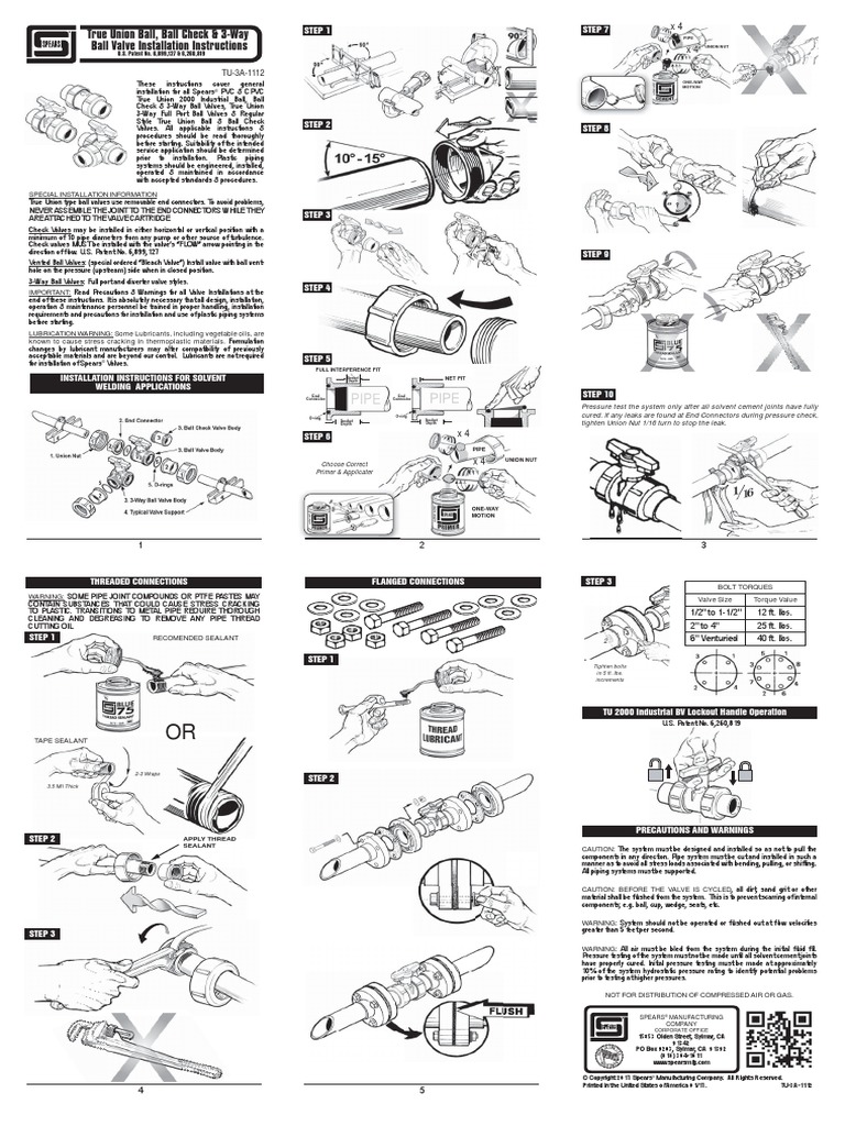 Spears True Union Ball - Ball Check - Three Way Ball Valve Installation Instructions | PDF