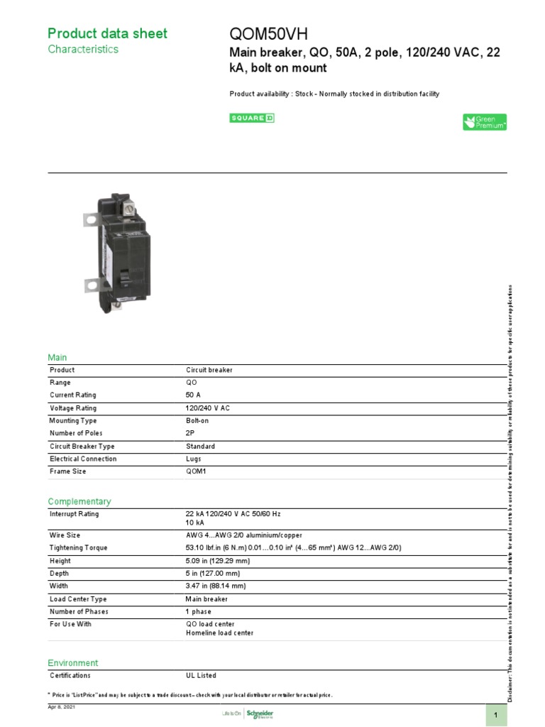 QOM50VH Circuit Breaker Specifications | PDF | Technology & Engineering