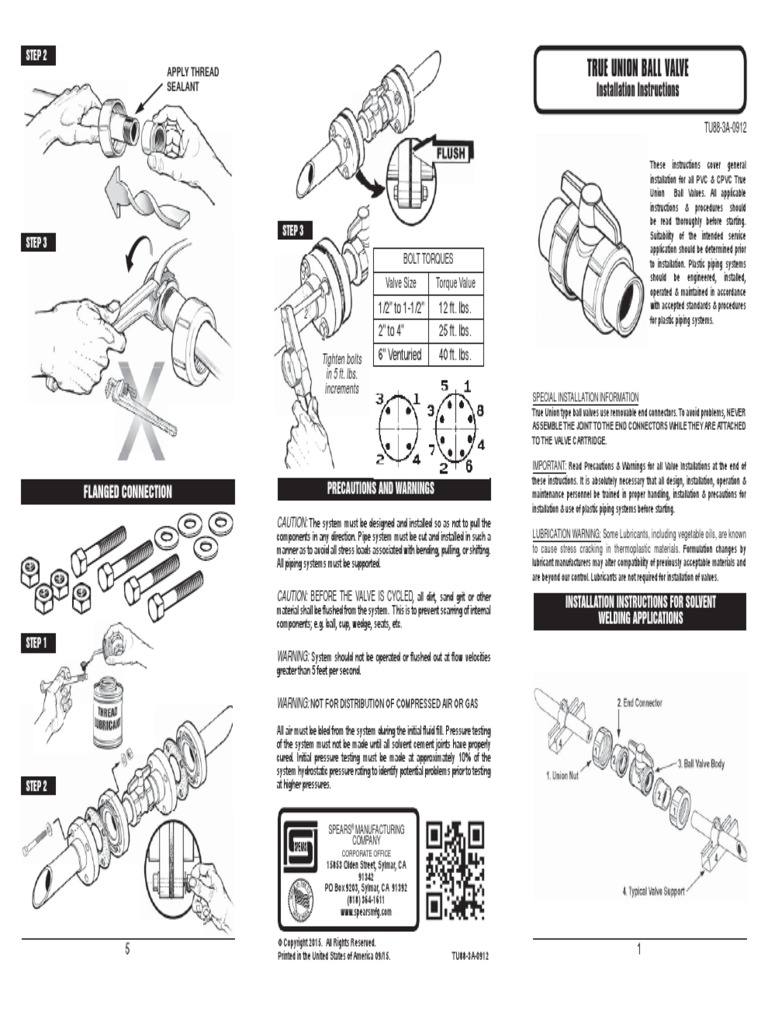 Spears Tru Union Ball Valve Installation Instructions | PDF | Pipe (Fluid Conveyance) | Valve