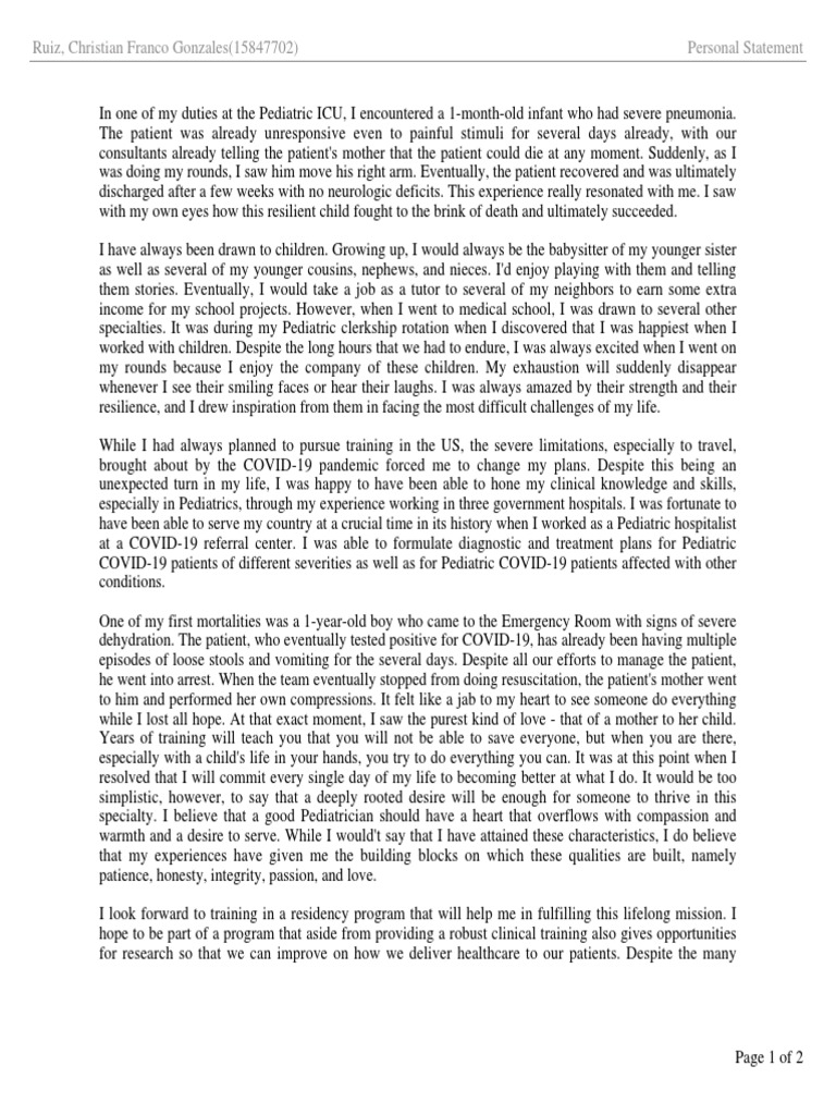 Personal Statement 2022-09-26-093557 | PDF | Pediatrics | Health Care