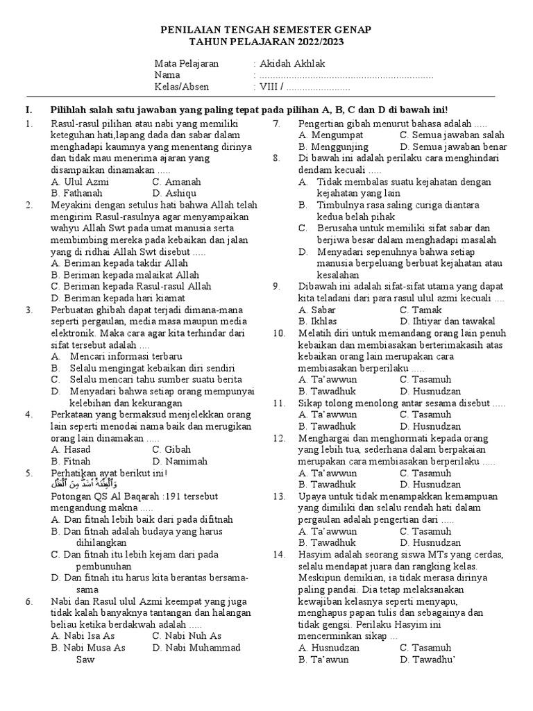 Ujian Akidah Akhlak Kelas VIII | PDF