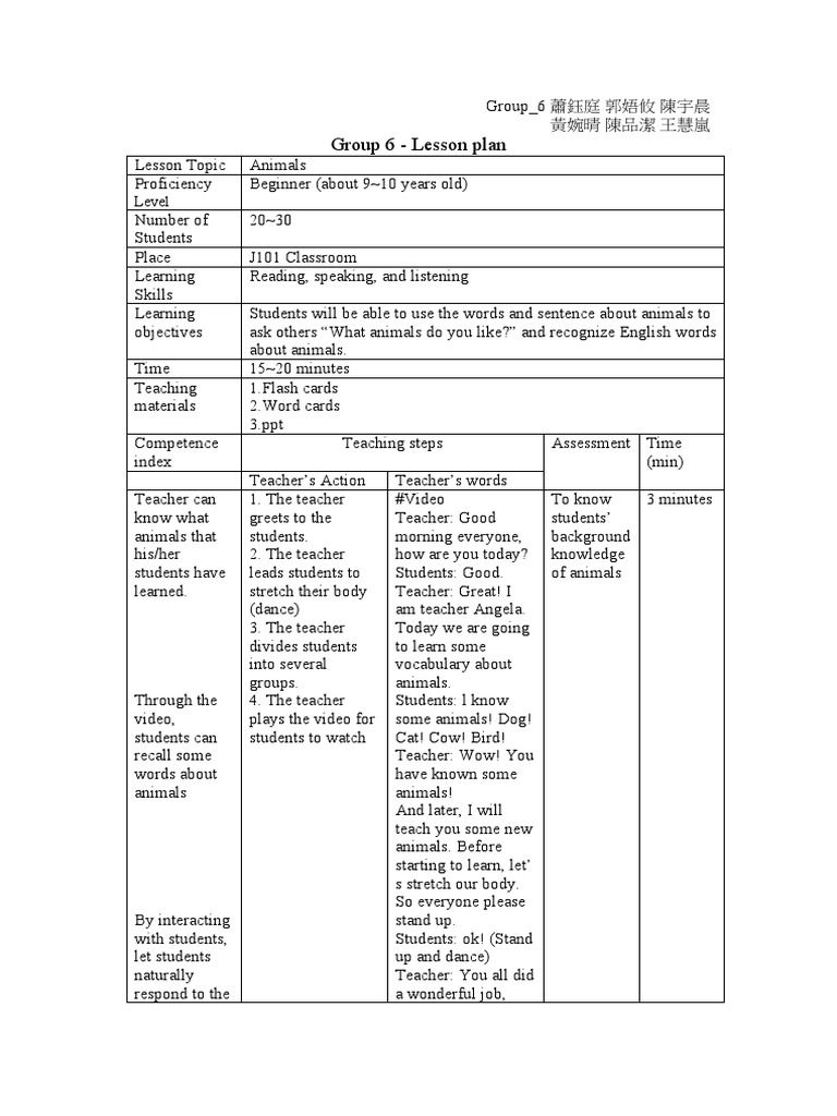 Activity Design Lesson Animals | PDF | Teachers | Vocabulary