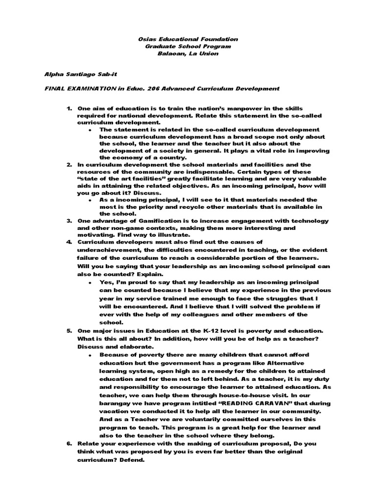 Final Exam Educ. 206 Advanced Curr Devt | PDF | Curriculum | Learning