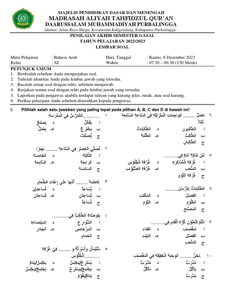 Soal PAT Bhs Arab Kelas 11 | PDF