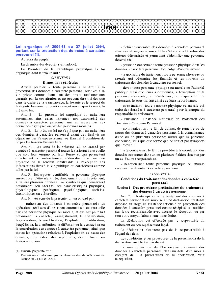Loi N°2004-63 Du 27 Juillet 2004, Portant Sur La Protection Des Données À Caractère Personnel | PDF
