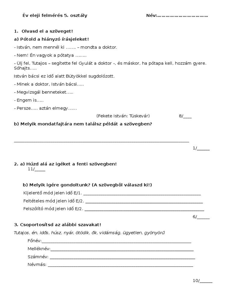 nyelvtan-ev-eleji-felmeres-5. osztály | PDF