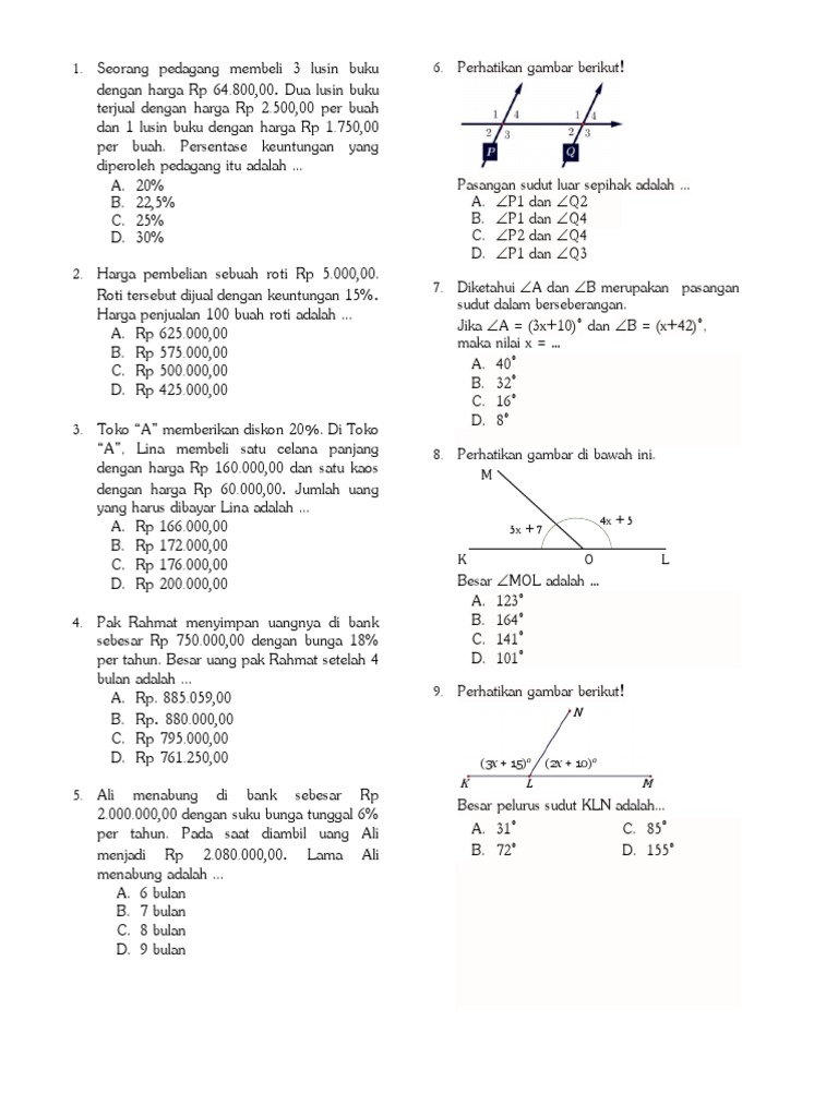 Soal Latihan Uas Kls 7 Semester 2 Matematika | PDF