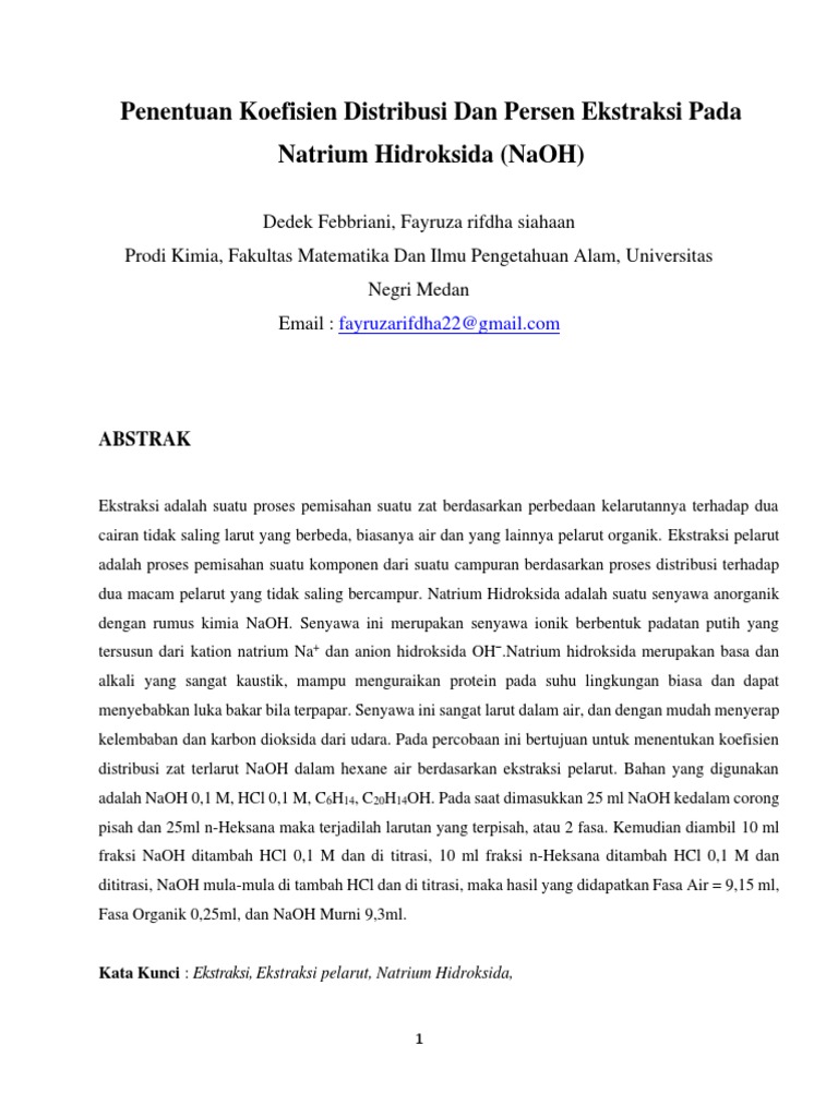 Jurnal Penentuan Koefisien Distribusi Dan Persen Ekstraksi NaOH - Dedek Dan Fay | PDF