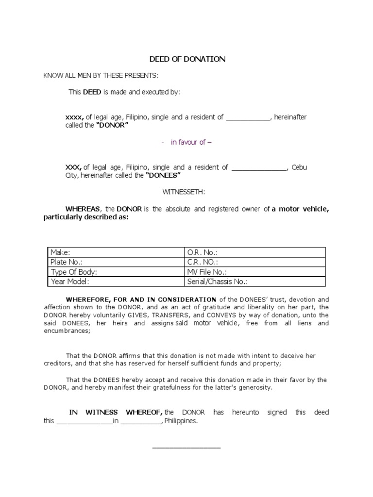 Deed of Donation for Motor Vehicle | PDF