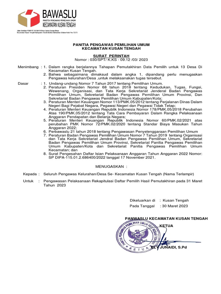 SPT PKD Pengawasan Pemutakhiran Data Pemilih 31 Maret | PDF
