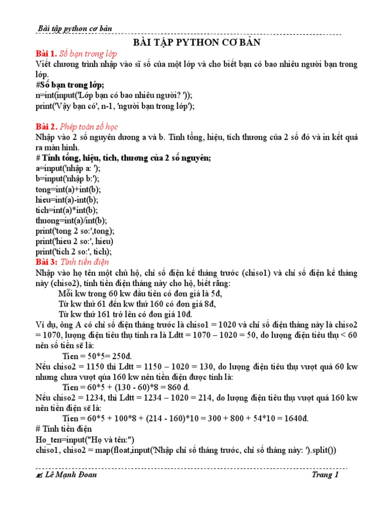 BÀI TẬP PYTHON CƠ BẢN | PDF