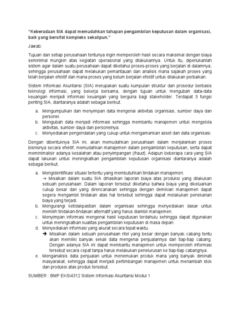 Diskusi 1 SIA | PDF | Bisnis | Pengelolaan Keuangan & Uang