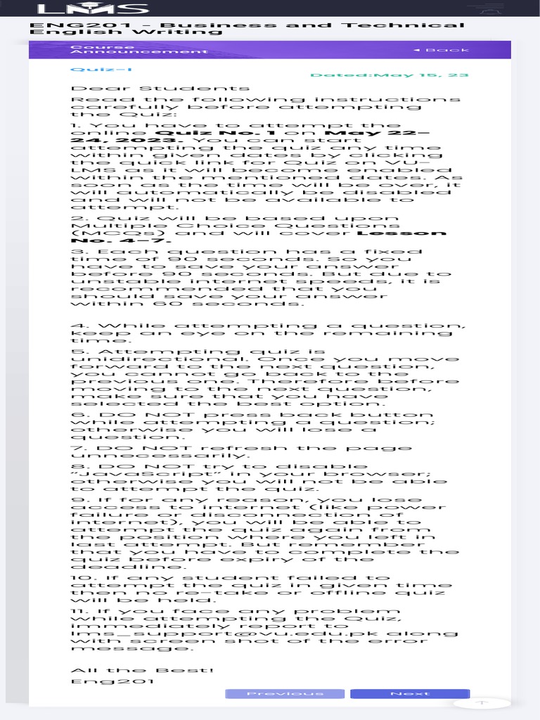 ENG201 Quiz Instructions and Guidelines | PDF