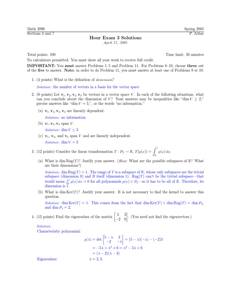 Hour Exam 3 Solutions Pdf Eigenvalues And Eigenvectors Basis