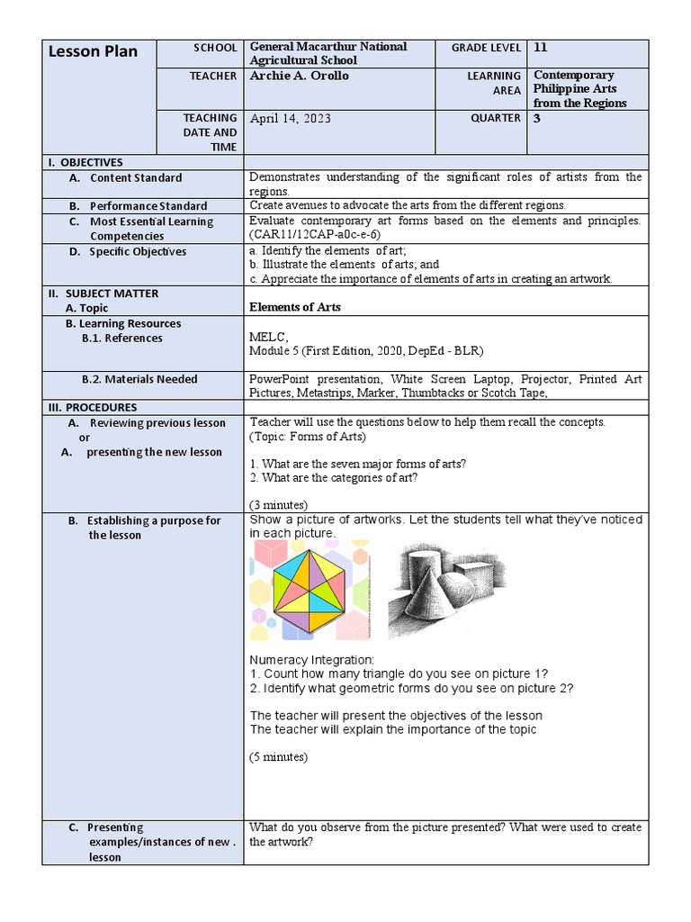ELEMENTS OF ART Lesson Plan Final | PDF | Drawing | Lesson Plan ELEMENTS OF ART Lesson Plan Final | PDF | Drawing | Lesson Plan