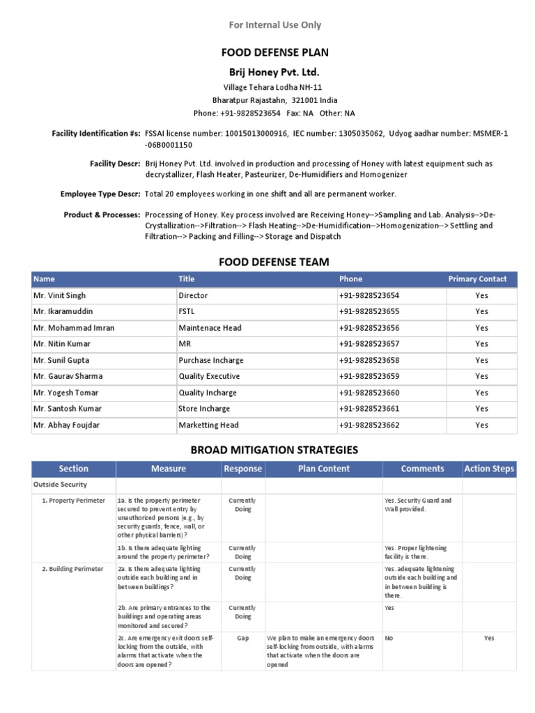 Food Defense Plan BHPL | PDF | Employment | Warehouse