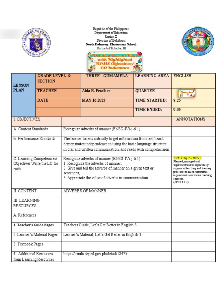 Cot Eng.3 4th Q. | PDF | Teachers | Learning