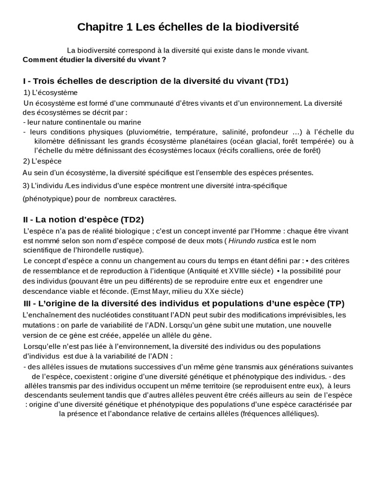 ch1 Échelles de La Biodiversité - Google Docs | PDF | Espèces | la ...