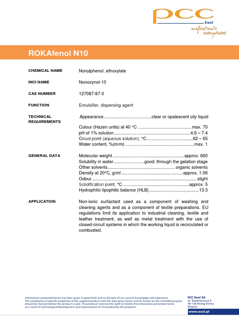 Rokafenol n10 Nonoxynol 10 - Broszura - en | PDF