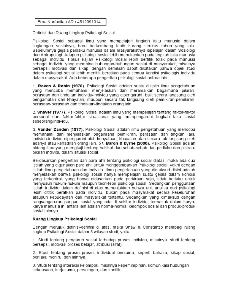 Definisi Dan Ruang Lingkup Psikologi Sosial Pdf Ilmu Sosial