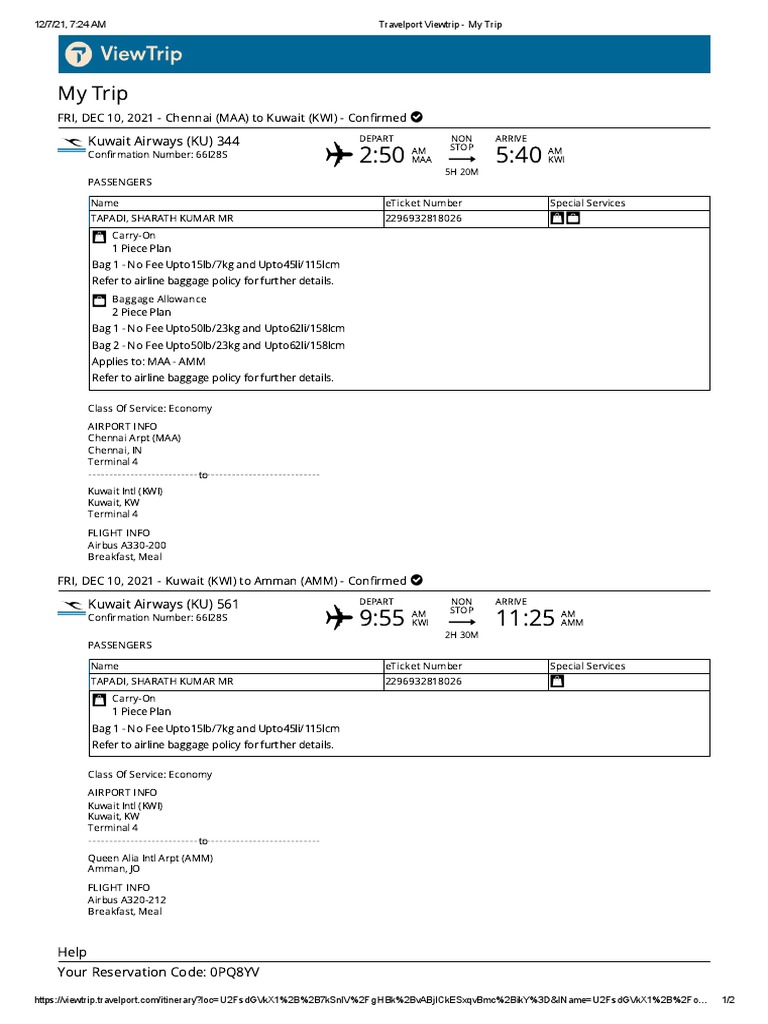Travelport Viewtrip Itinerary Details | PDF