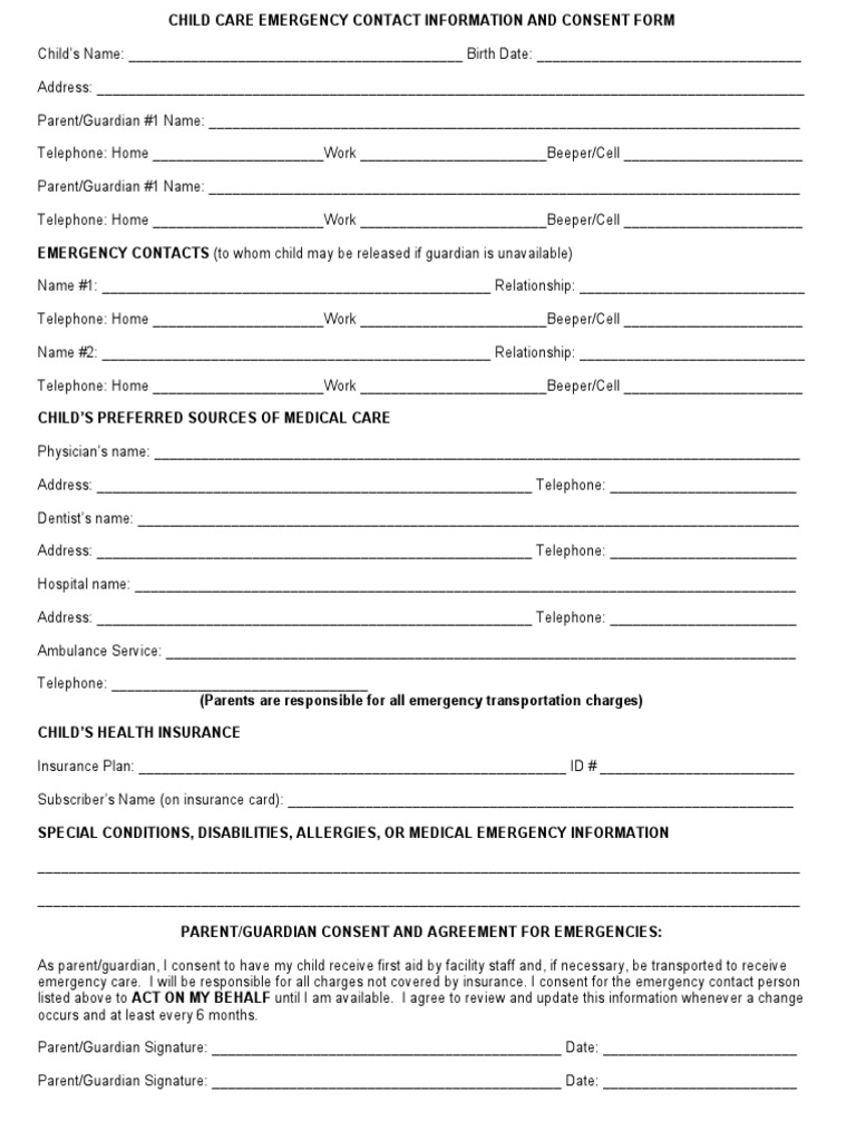 Child Care Emergency Contact Information and Consent Form Template ...