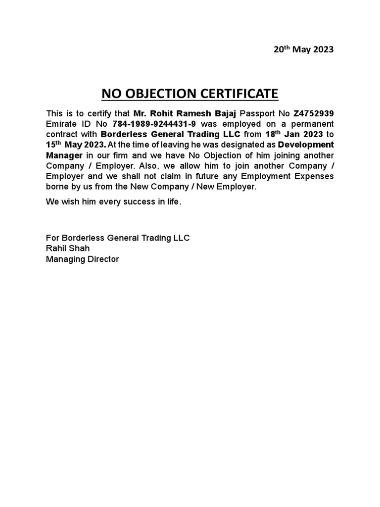 No Objection Certificate for Employment | PDF | Law