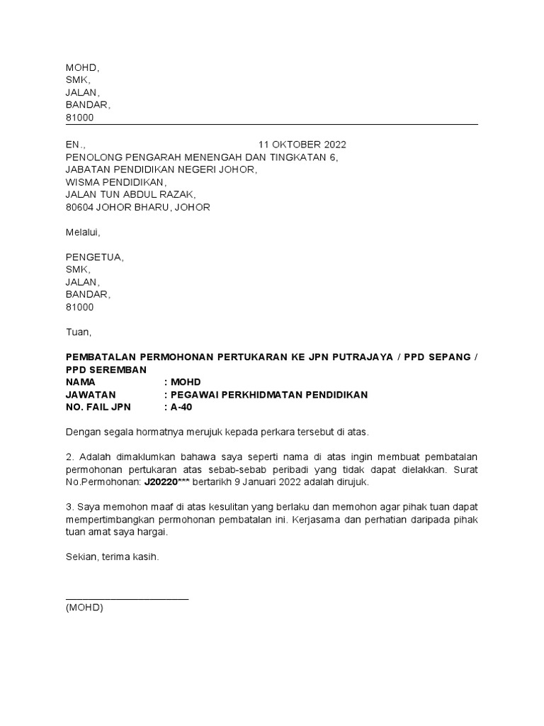 Surat Pembatalan EGTUKAR | PDF