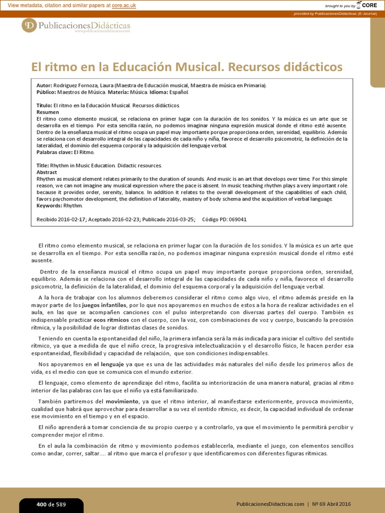 El Ritmo en La Educación Musical. Recursos Didácticos: Provided by Publicacionesdidácticas (E ...