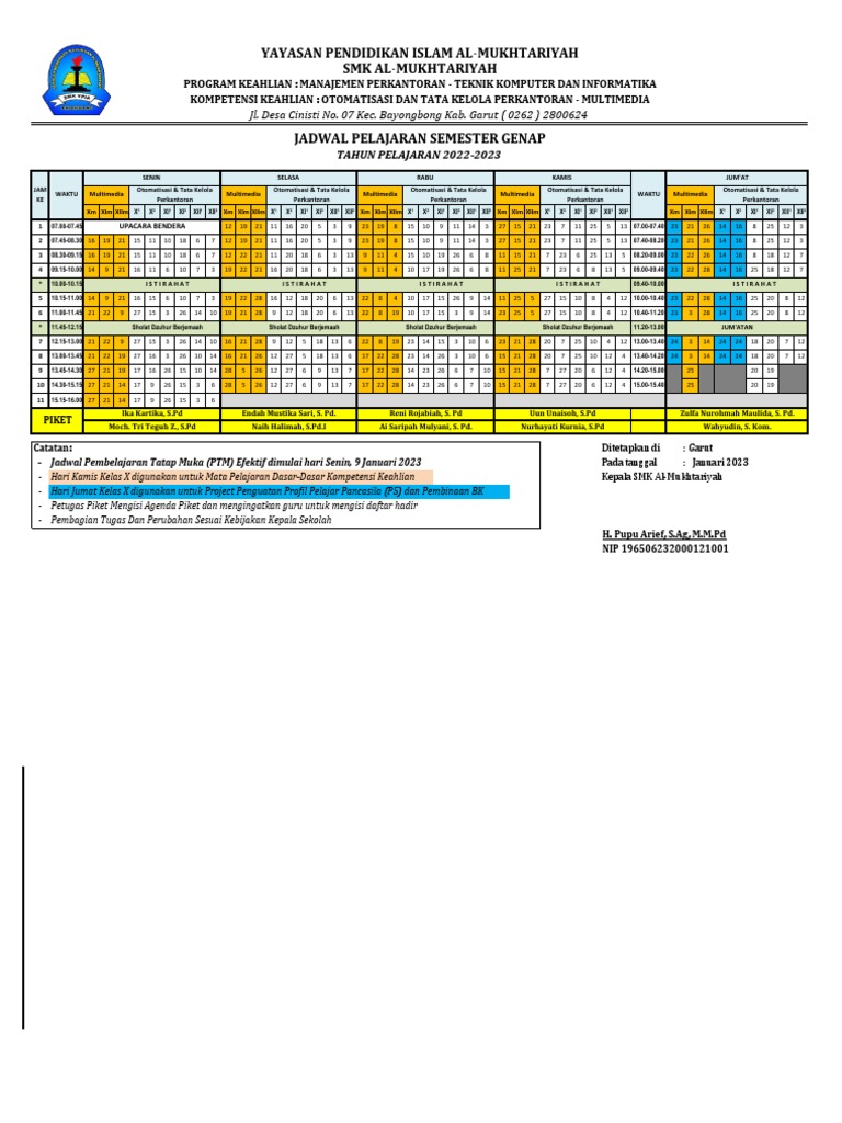 JADWAL MATA PELAJARAN DAN TUGAS PIKET SEM. GENAP TP. 2022-2023 OKE Rubah | PDF