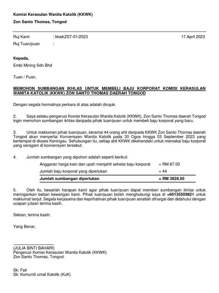 Surat Memohon Sumbangan KKWK | PDF