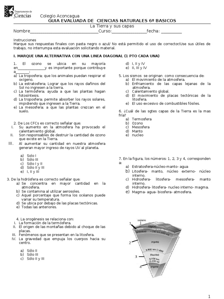 Evaluación Capas de la Tierra 6º Básico | PDF | Tierra | Placas tectónicas