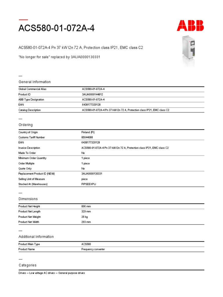 3AUA0000144812 Acs580 01 072a 4 PN 37 KW I2n 72 A Protection Class Ip21 ...