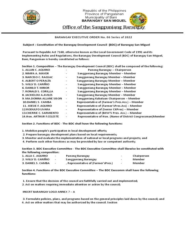 BARANGAY EXECUTIVE ORDER No. 06 Series of 2022 | PDF | Public Law ...