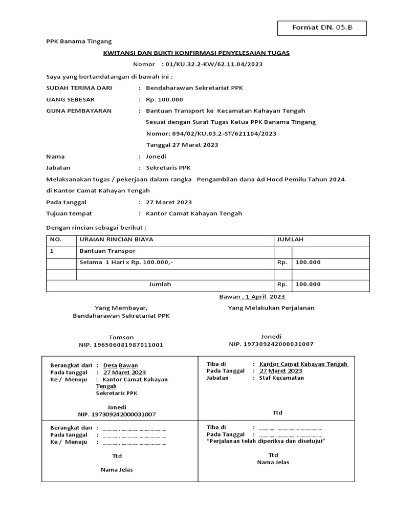 Kwitansi Transport PPK Banama Tingang | PDF